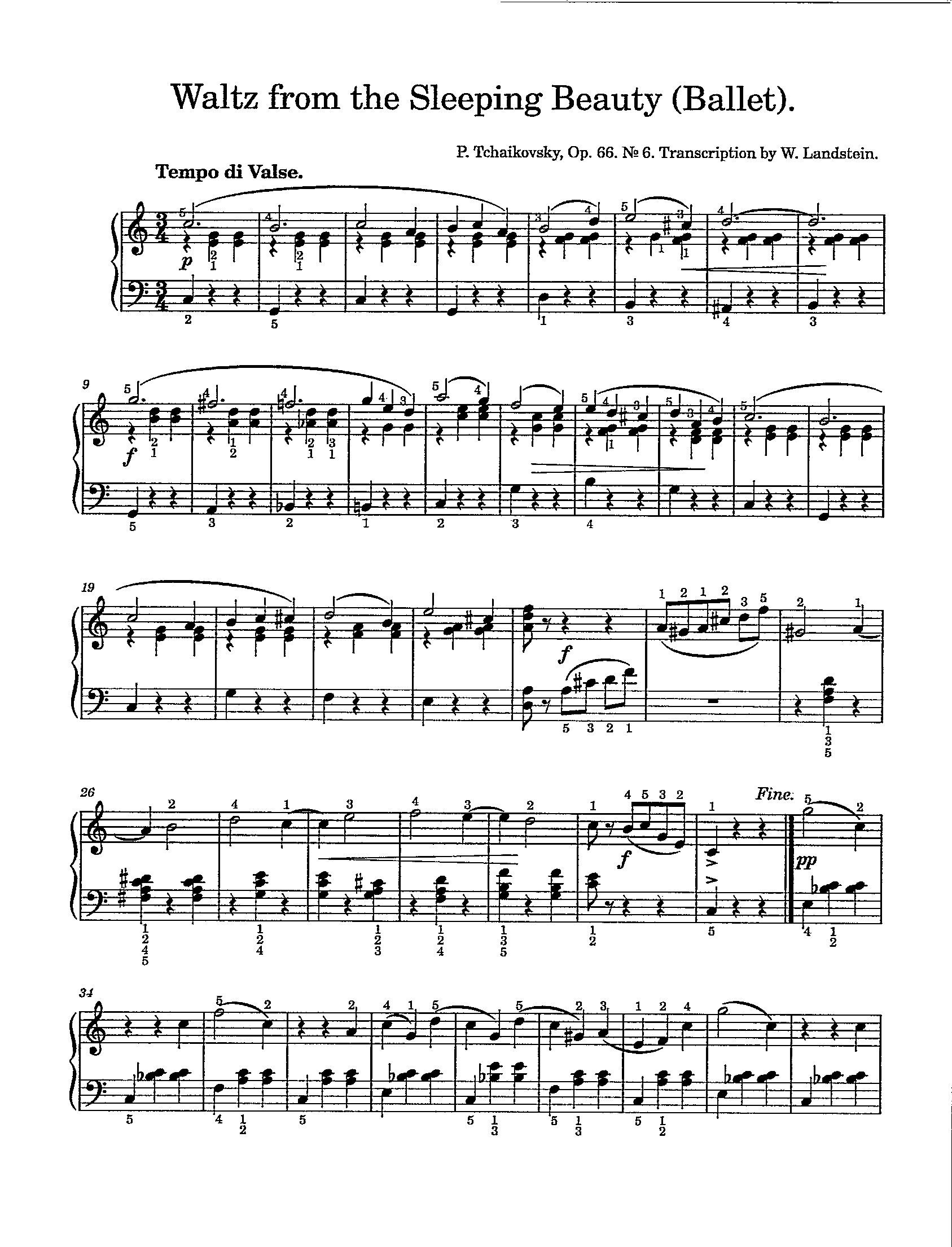 Waltz From the Sleeping Beauty (ballet) - Download Printable Piano Solo ...