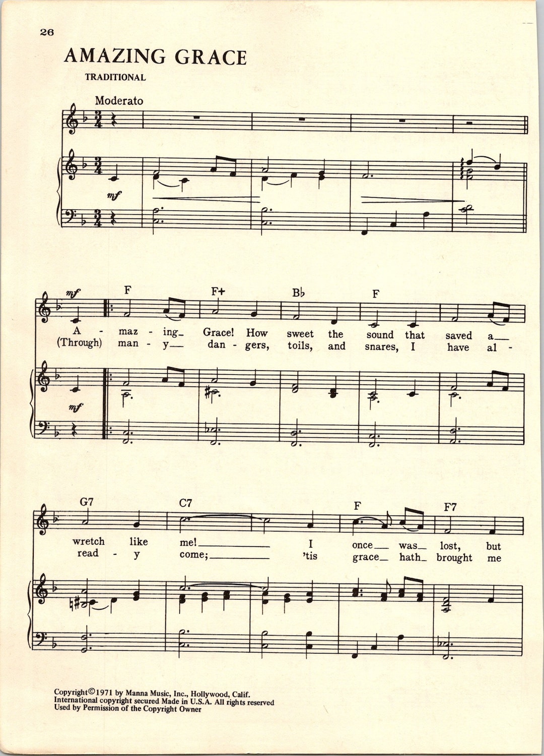 Amazing Grace Sheet Music - Digital Hymn Tune - Key of F - Etsy