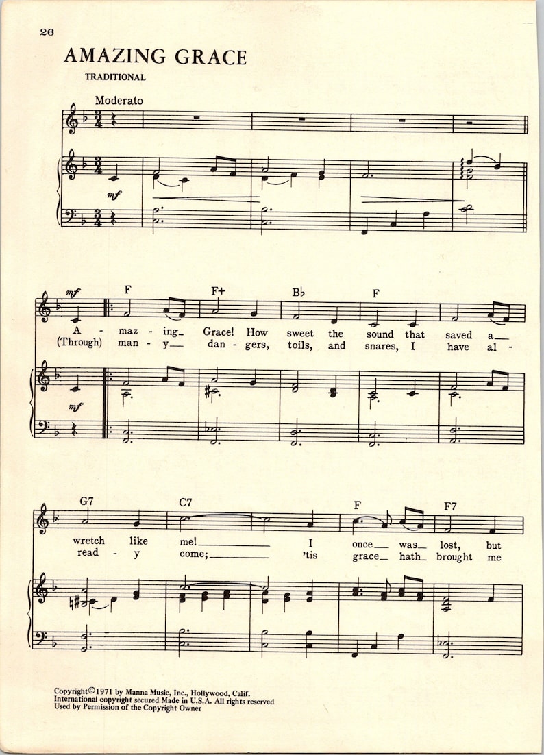 Amazing Grace Sheet Music - Digital Hymn Tune - Key of F - Etsy