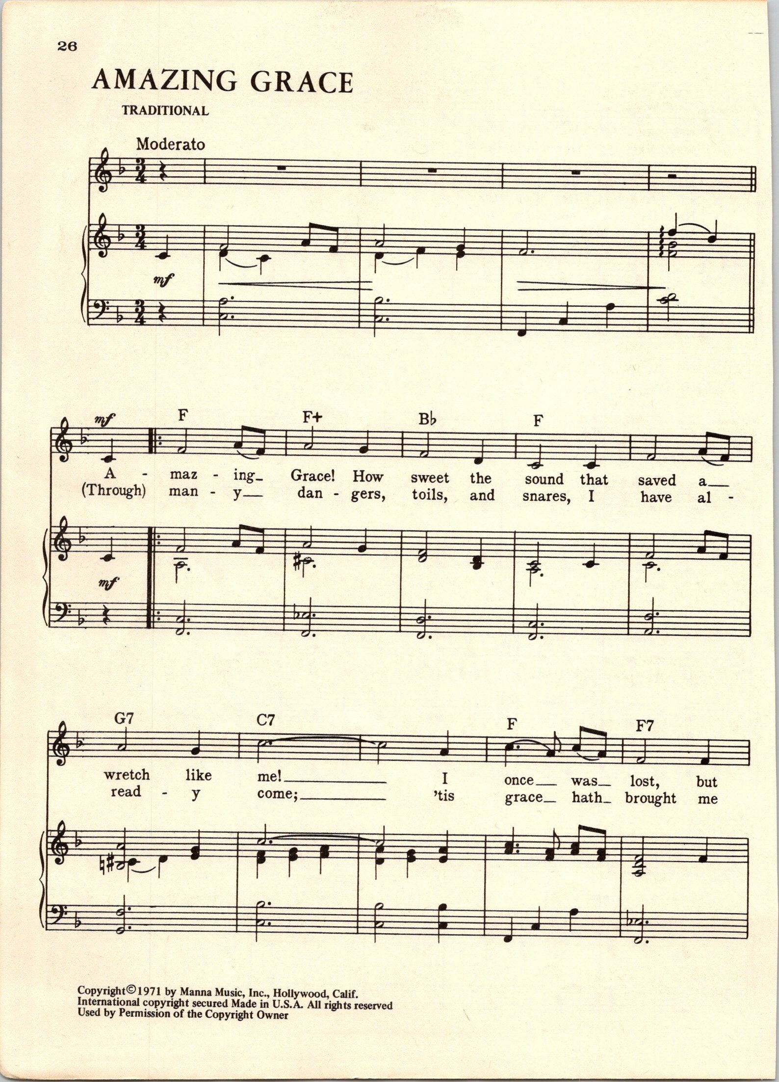 Amazing Grace Sheet Music - Digital Hymn Tune - Key of F - Etsy