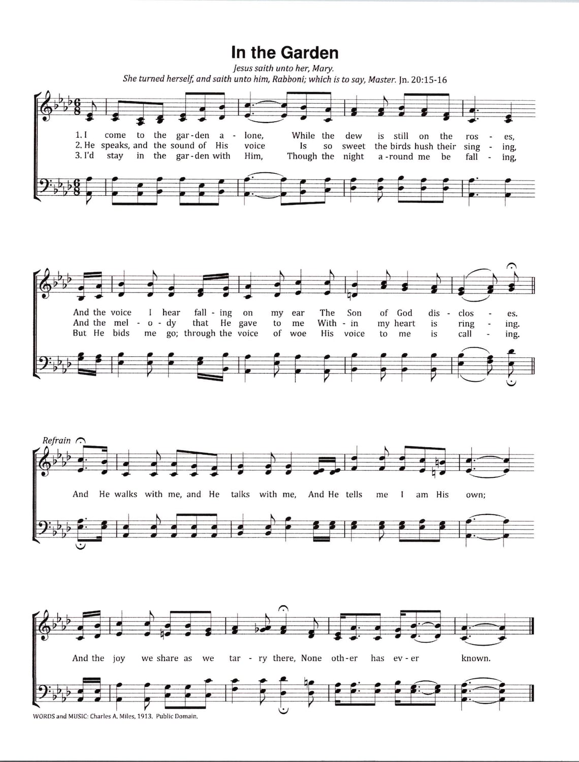 In the Garden - Digital Hymn Tune Sheet Music With Lyrics - Key of A ...