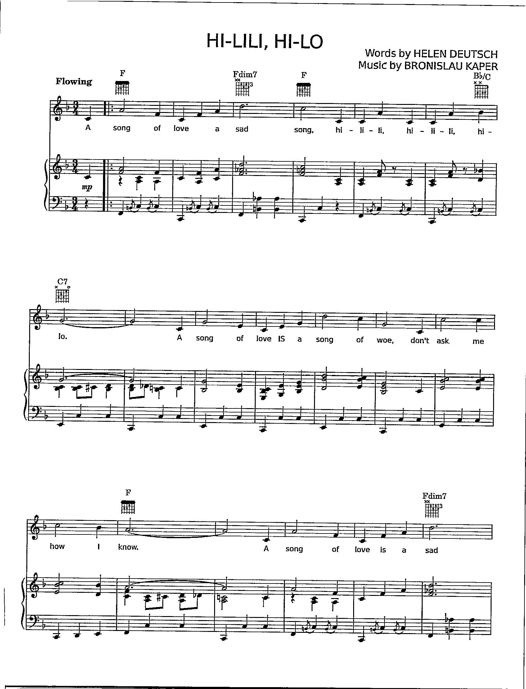 Hi-lili Hi Lo - Digital Download Sheet Music for Piano and Voice - Key ...