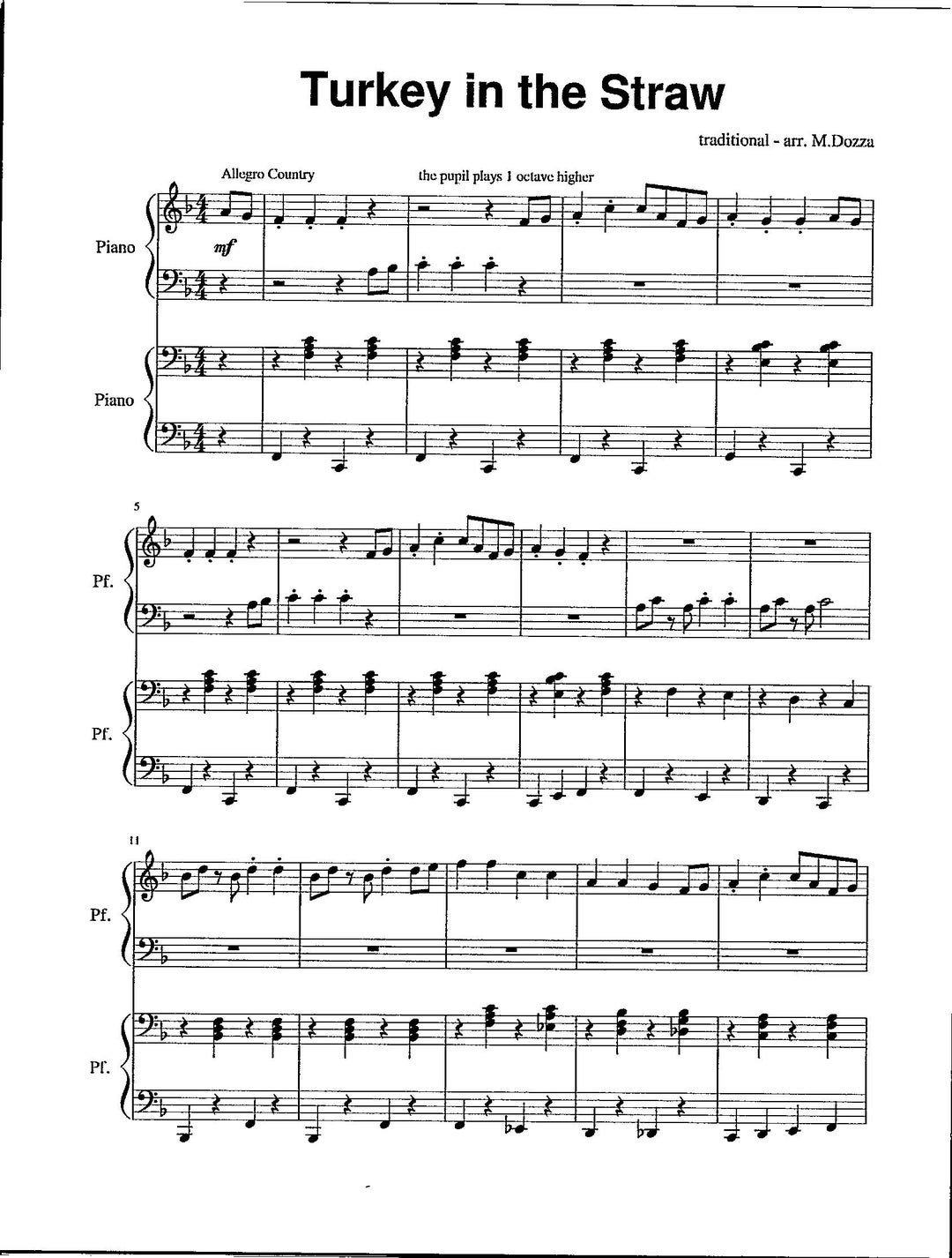 Piano Duet Turkey in the Straw Digital Piano Duet 4 Hands Key of F - Etsy