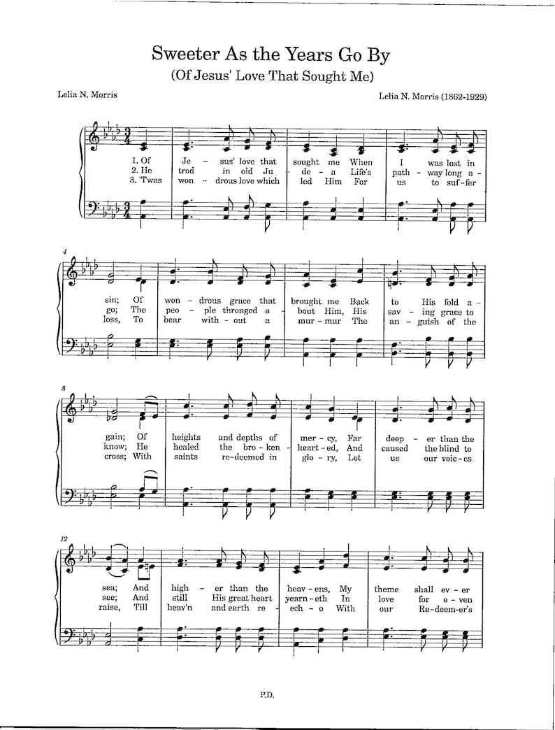 Sweeter as the Years Go by - Digital Download Hymn Tune for Piano Organ ...