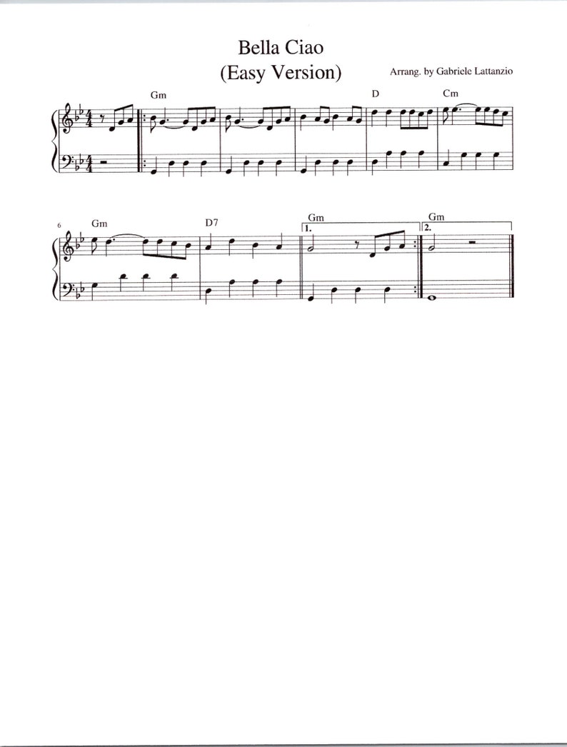 Bella Ciao (easy Version) Piano Solo - Digital Sheet Music - Key of G ...
