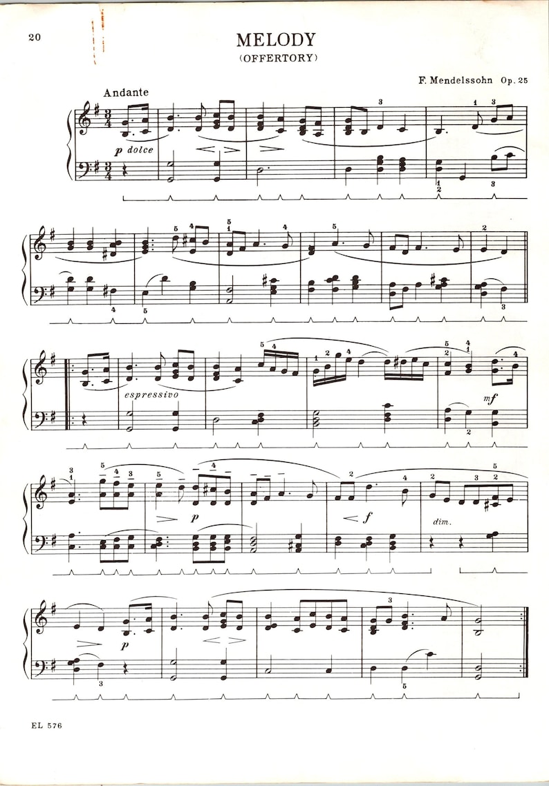 Melody (offertory) by Mendelssohn DIGITAL Church Sheet Music for Piano ...