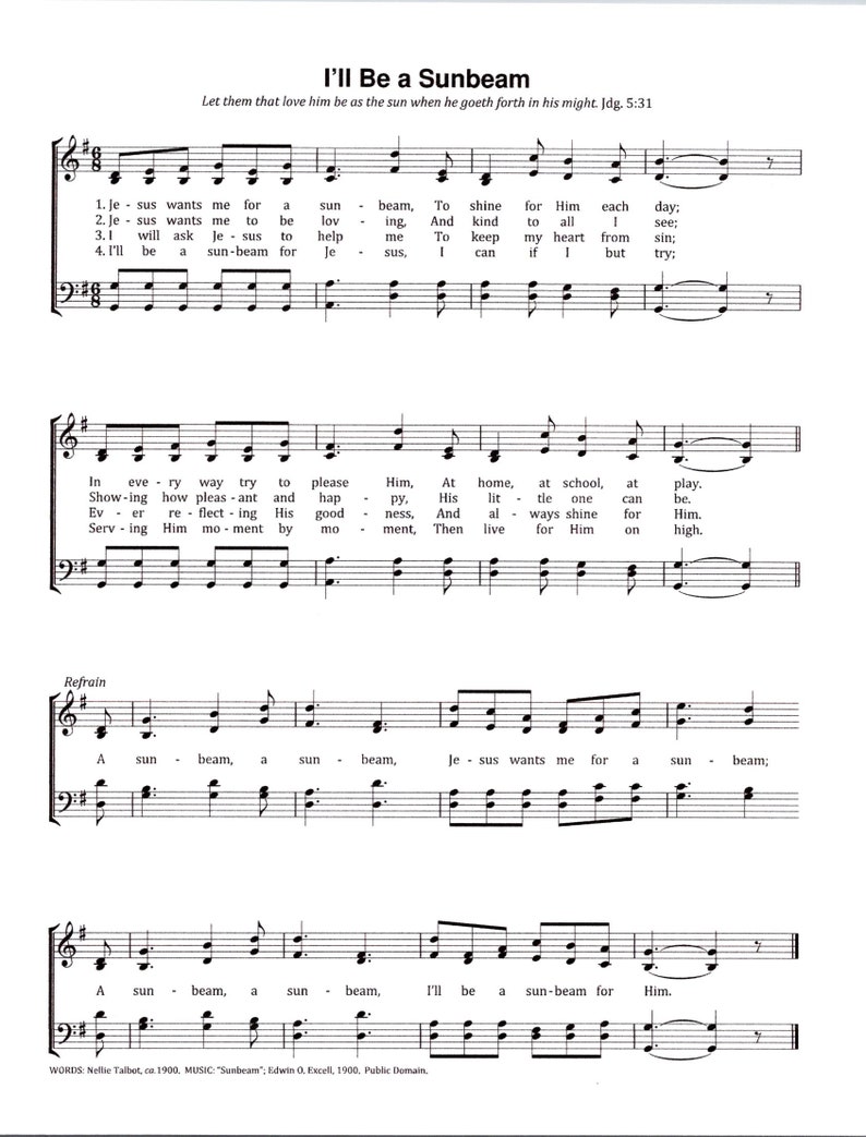 I'll Be A Sunbeam - Digital Hymn Tune Sheet Music - Key of G - Etsy