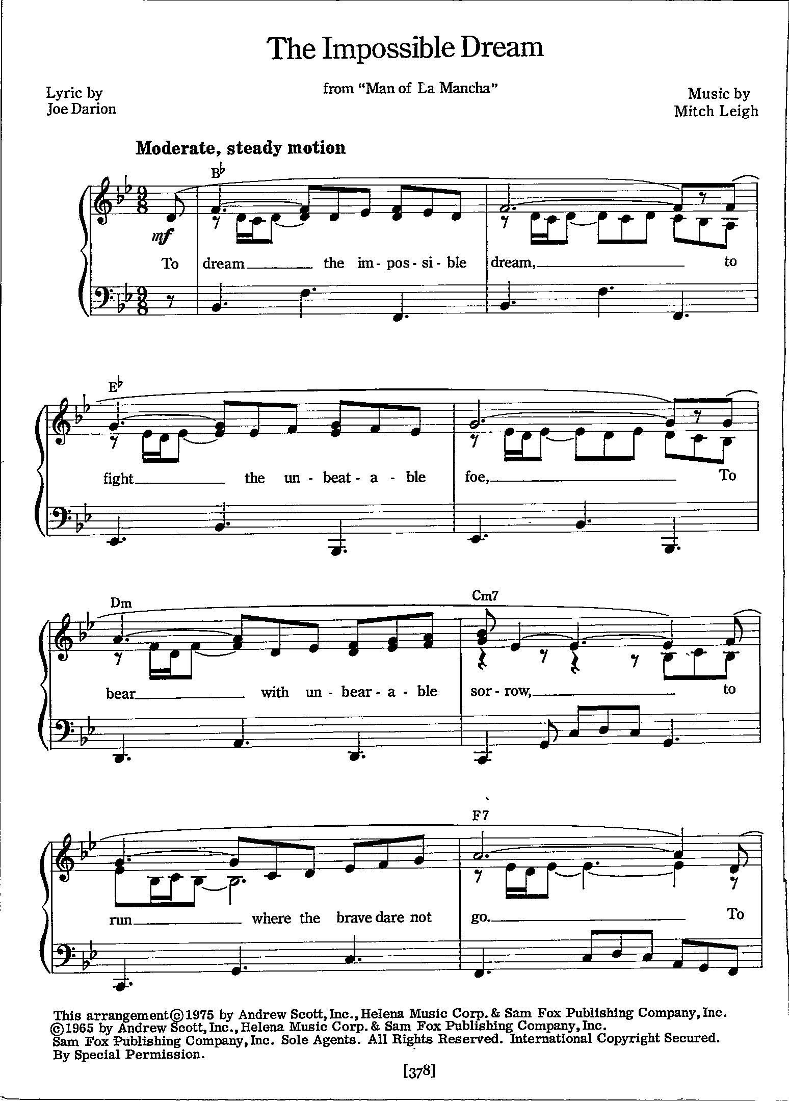 The Impossible Dream From "man of La Mancha" Sheet Music - Digital Movie Song Complete 4 Pages ...