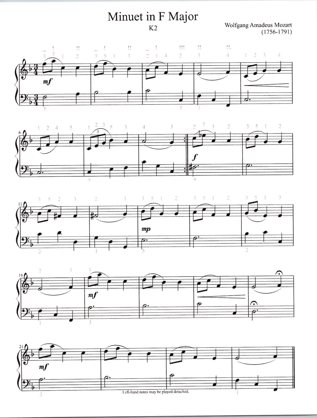 Minuet in F Major by Mozart - Digital Piano Solo Sheet Music - Key of F ...