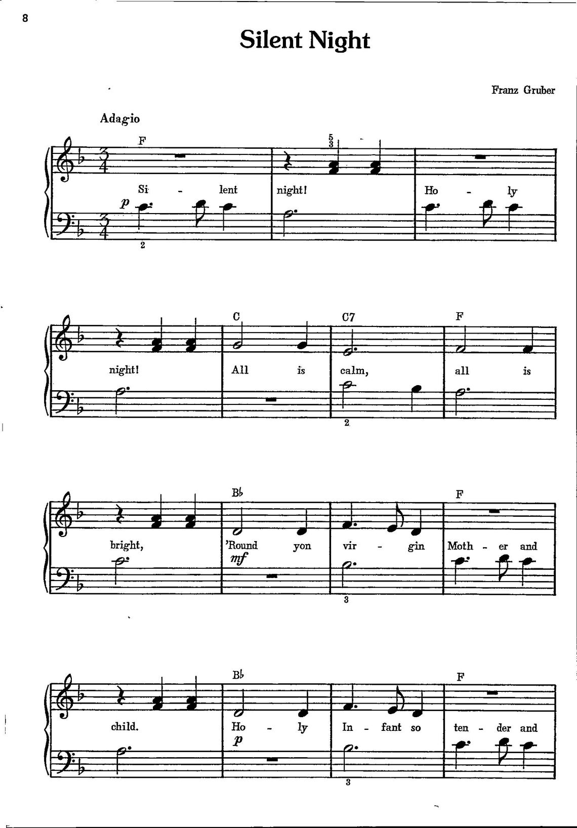 Silent Night - Digital Piano Sheet Music - Beginner Level Key of F - Etsy