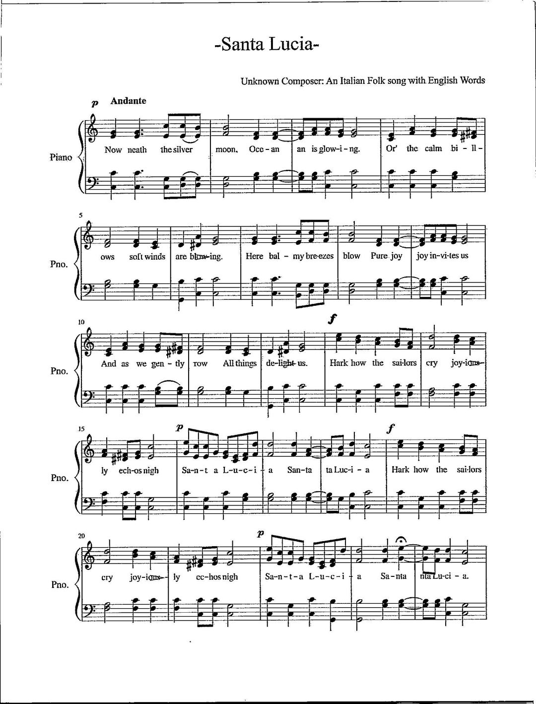 Santa Lucia - Printable Digital Download Italian Folk Song - Key of C ...
