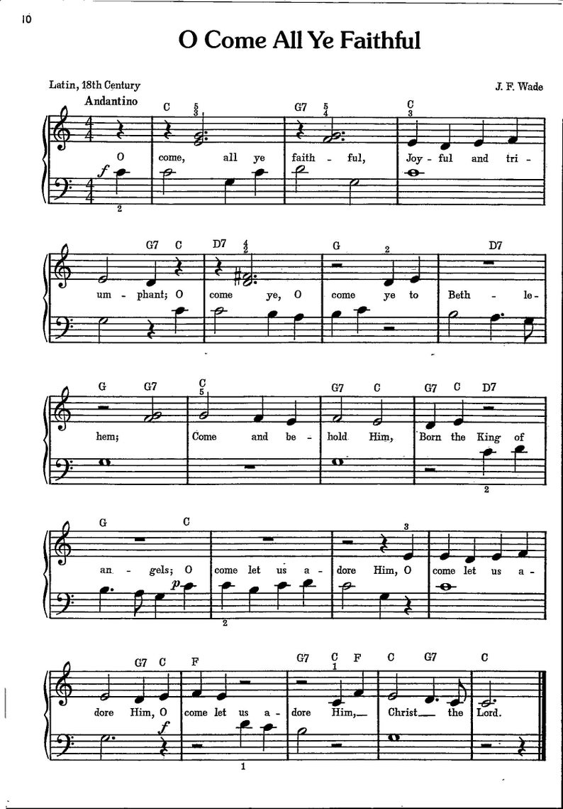 O Come All Ye Faithful - Digital Piano Keyboard Sheet Music Early ...