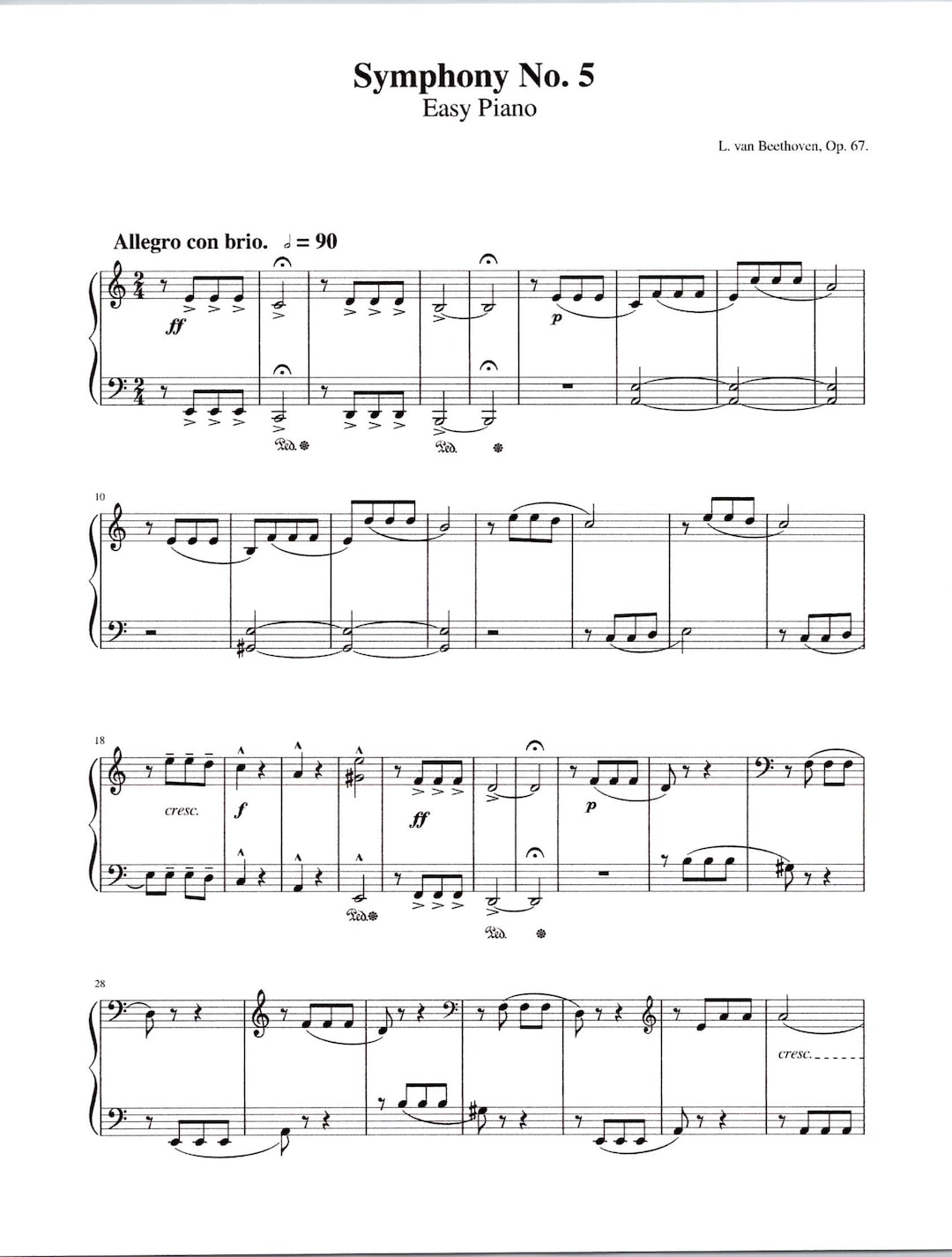 Symphony No. 5 Easy Piano by Beethoven - Digital Sheet Music - Key of C - Late Beginner Level - Etsy