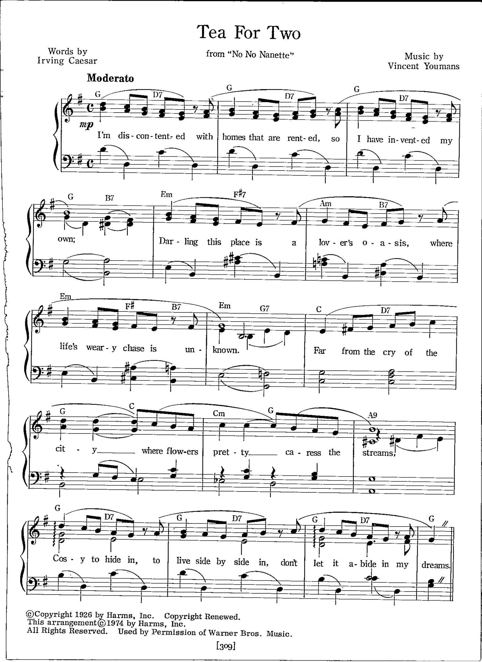 Tea for Two From No No Nanette Sheet Music - Digital Movie Tune - Key ...