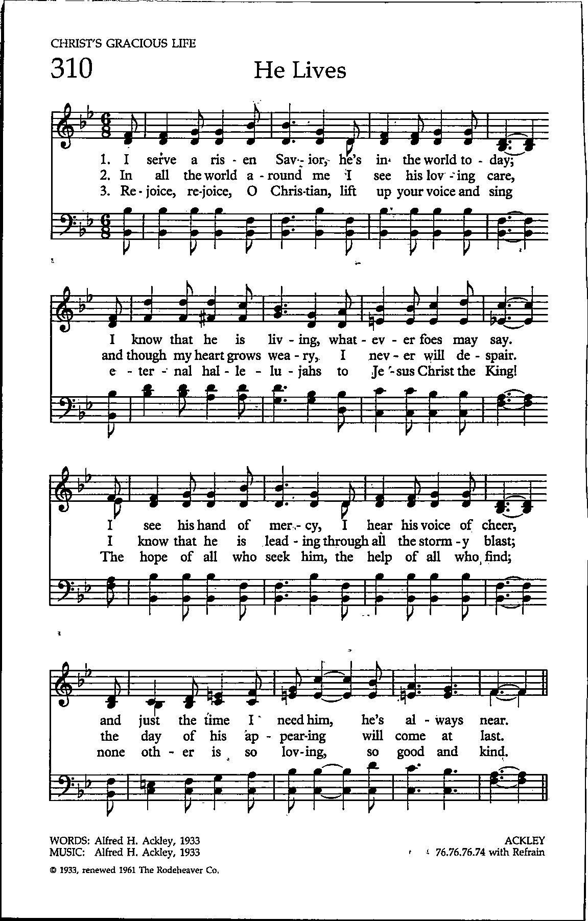 He Lives by Ackley 1933 - Digital Hymn Tune Sheet Music Key of B Flat ...