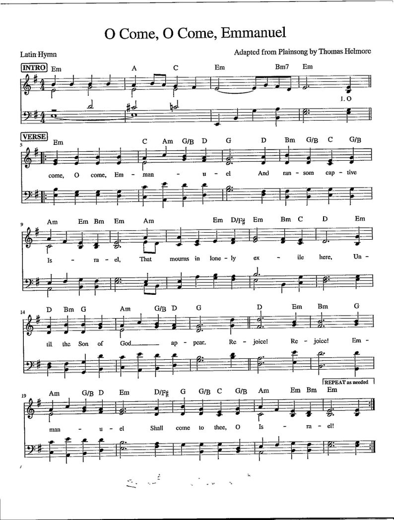 O Come, O Come Emmanuel - Printable Digital Christmas Hymn - Key of E ...