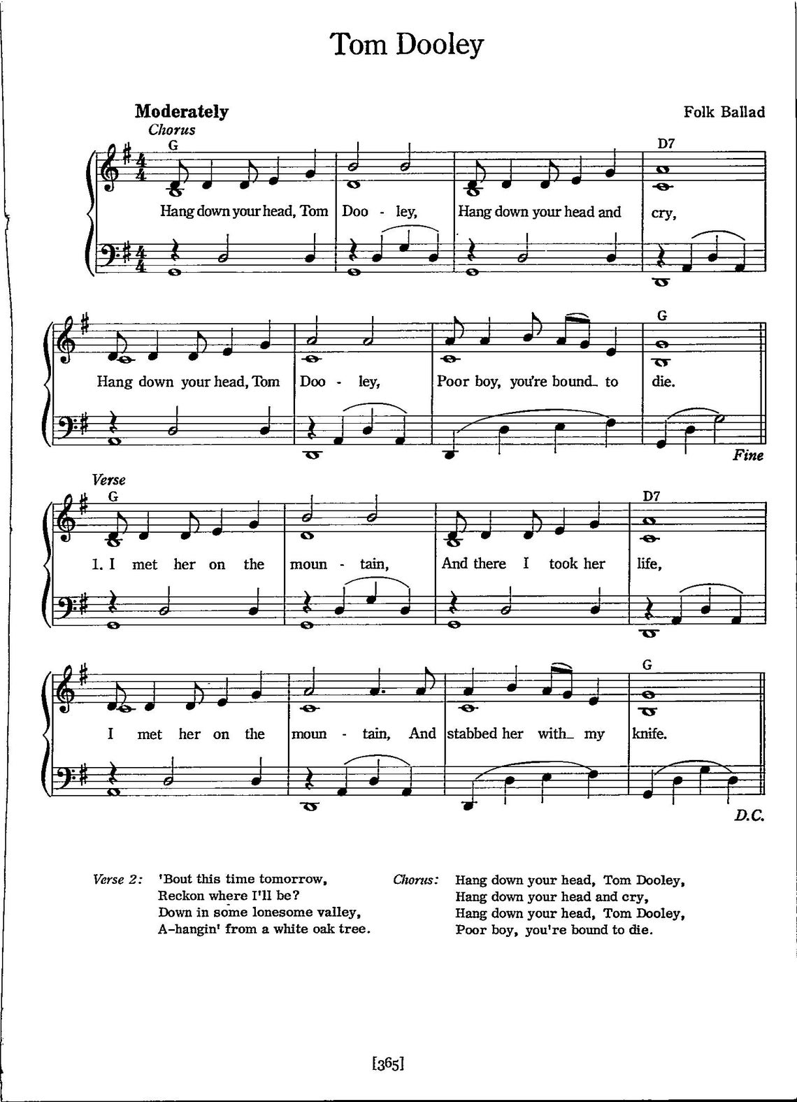 Tom Dooley Sheet Music - Digital Folk Ballad - Key of G - Etsy