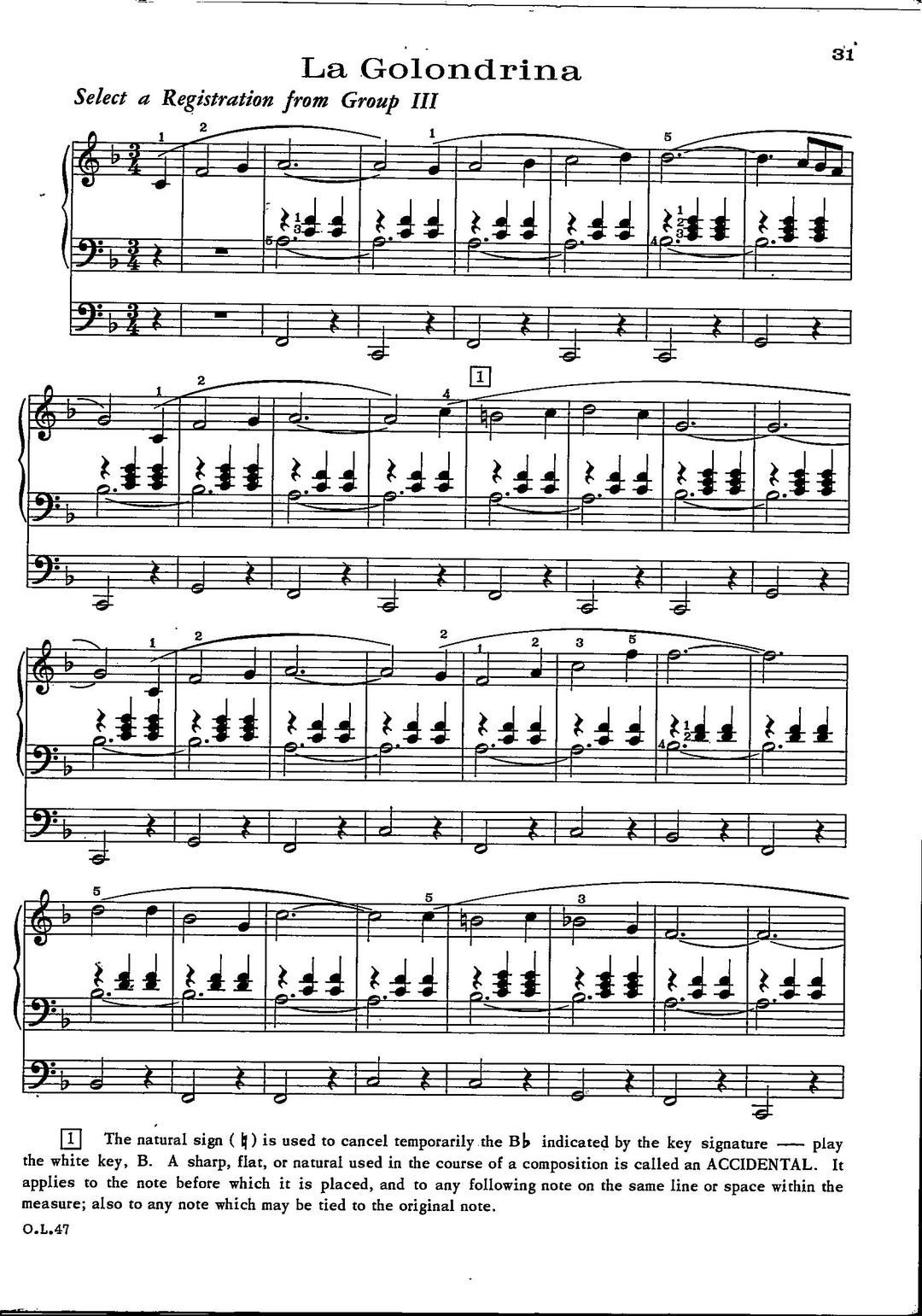 La Golondrina Digital Sheet Music for Piano Organ Keyboard Key of F Early Intermediate Level ...