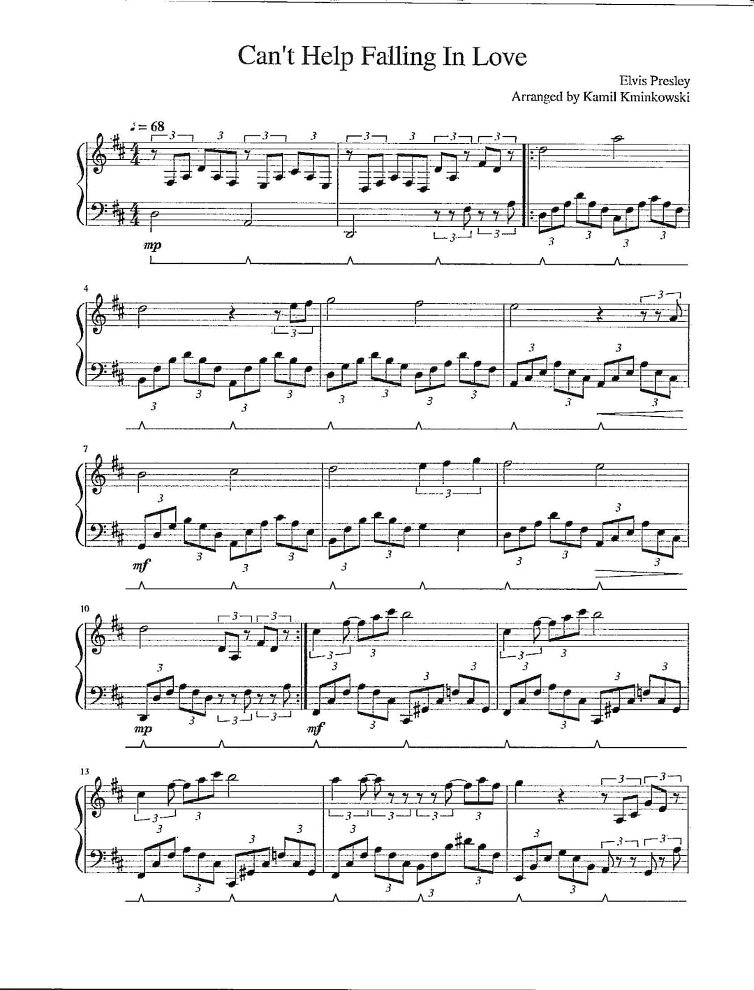 Can't Help Falling in Love - Piano Solo Digital Printable Sheet Music ...