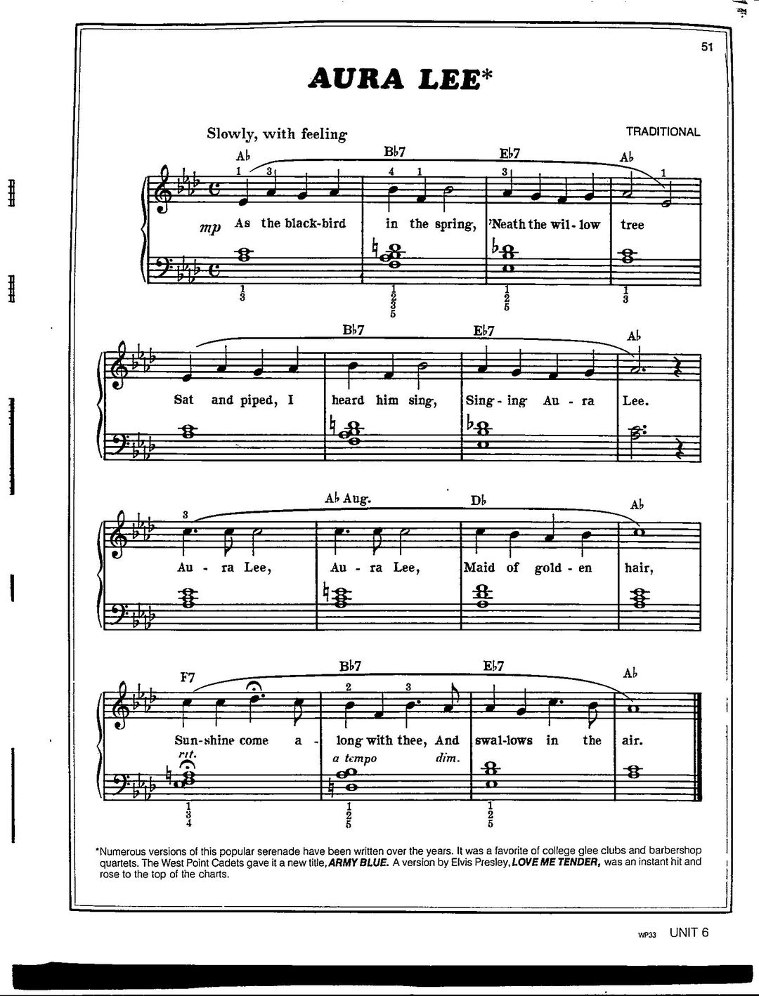 Aura Lee Piano Arrangement - Digital Sheet Music Key of A Flat ...