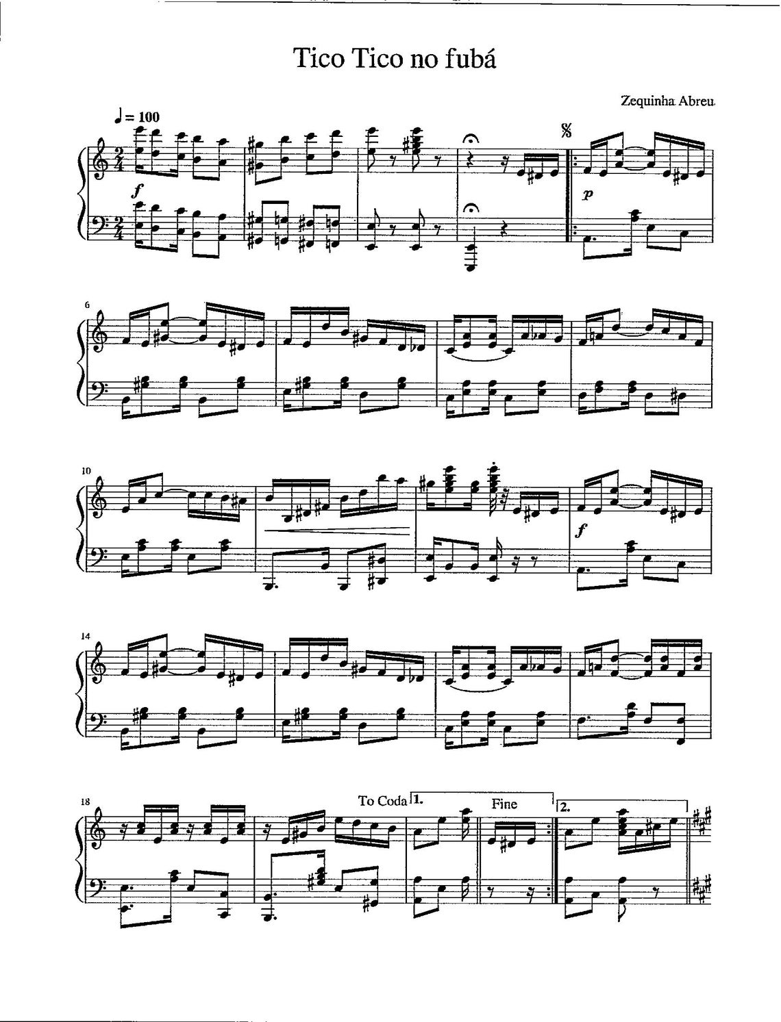 Tico Tico No Fuba - Digital Download Printable Piano Solo Sheet Music ...