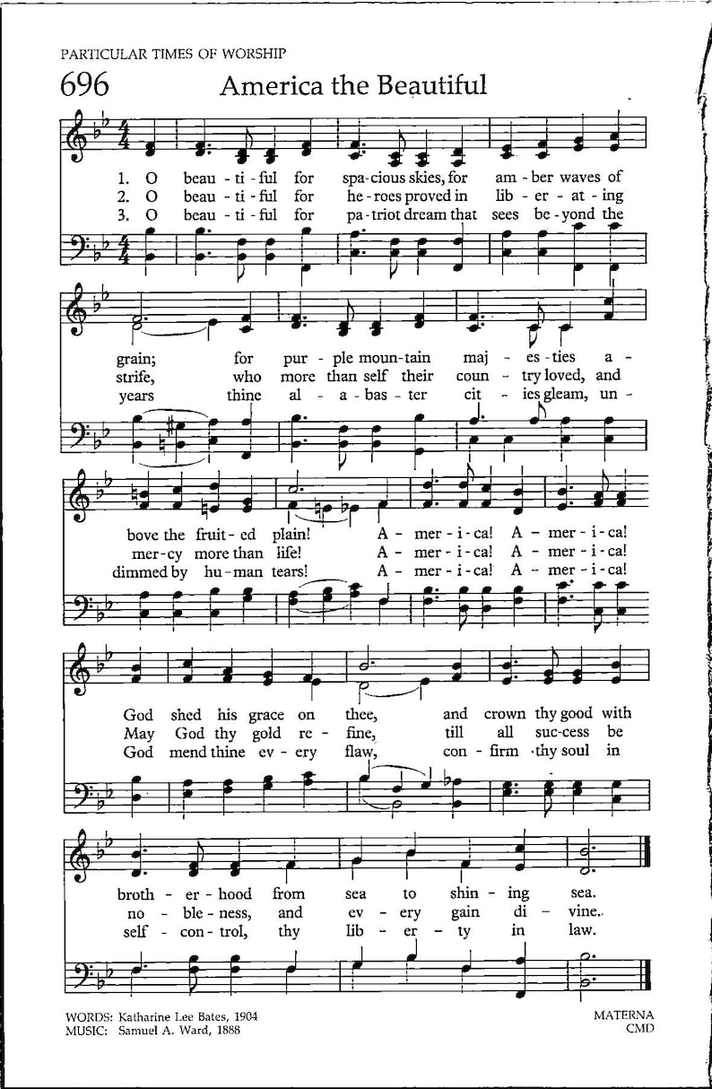 America the Beautiful - Digital Patriotic Hymn Sheet Music Key of B ...