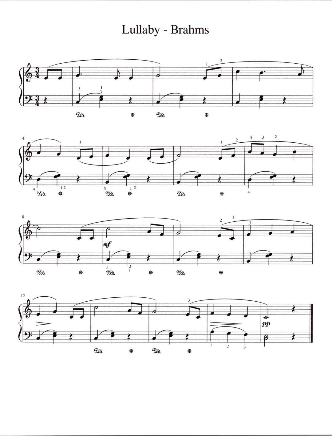 Lullaby by Brahms - Beginner Level - Digital Piano Solo Key of C - Etsy