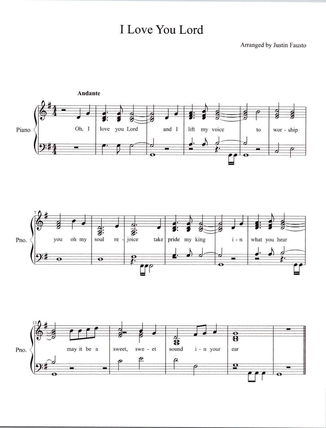 I Love You Lord Sheet Music - Digital Hymn Tune Chorus - Key of G Late ...