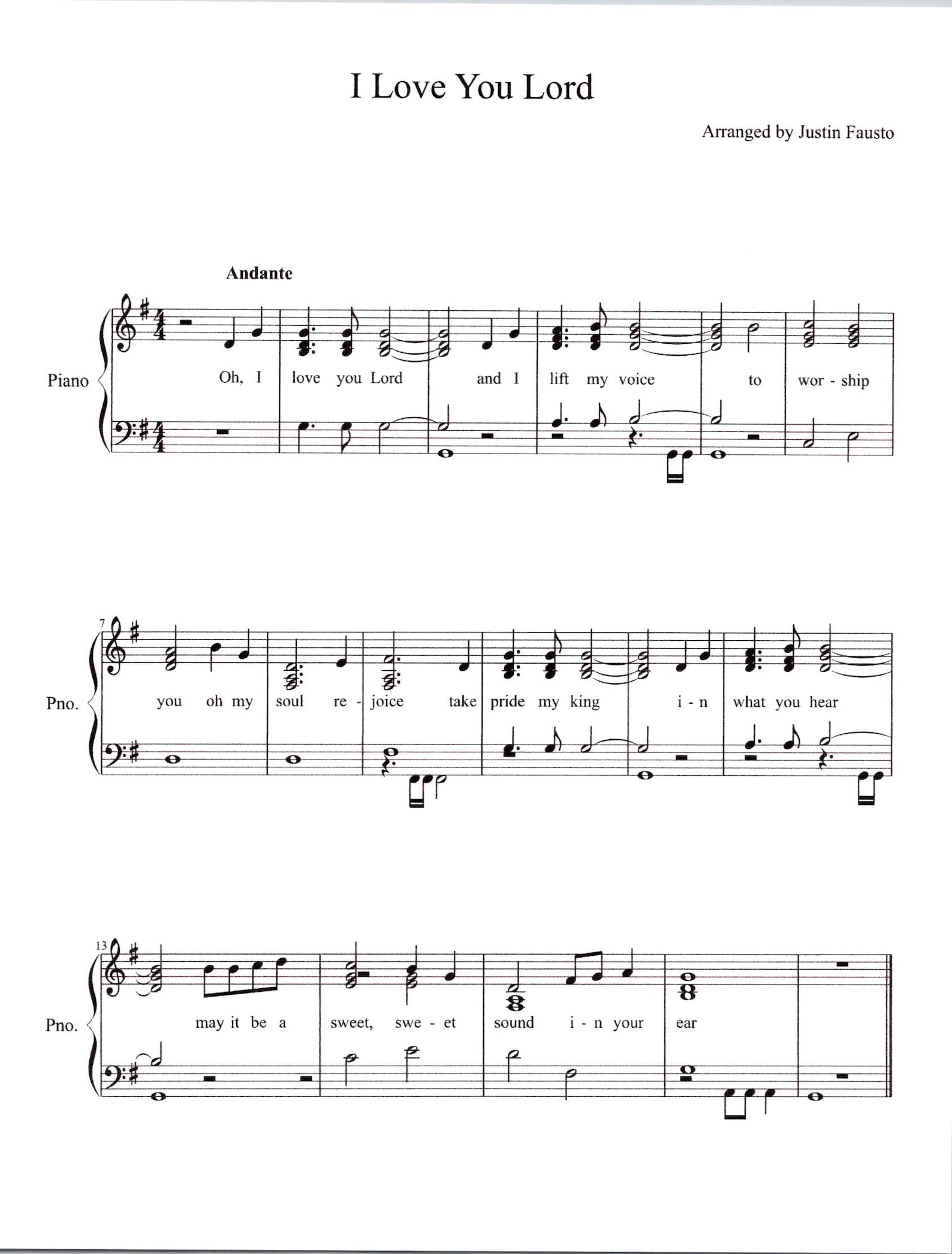 I Love You Lord Sheet Music - Digital Hymn Tune Chorus - Key of G Late ...