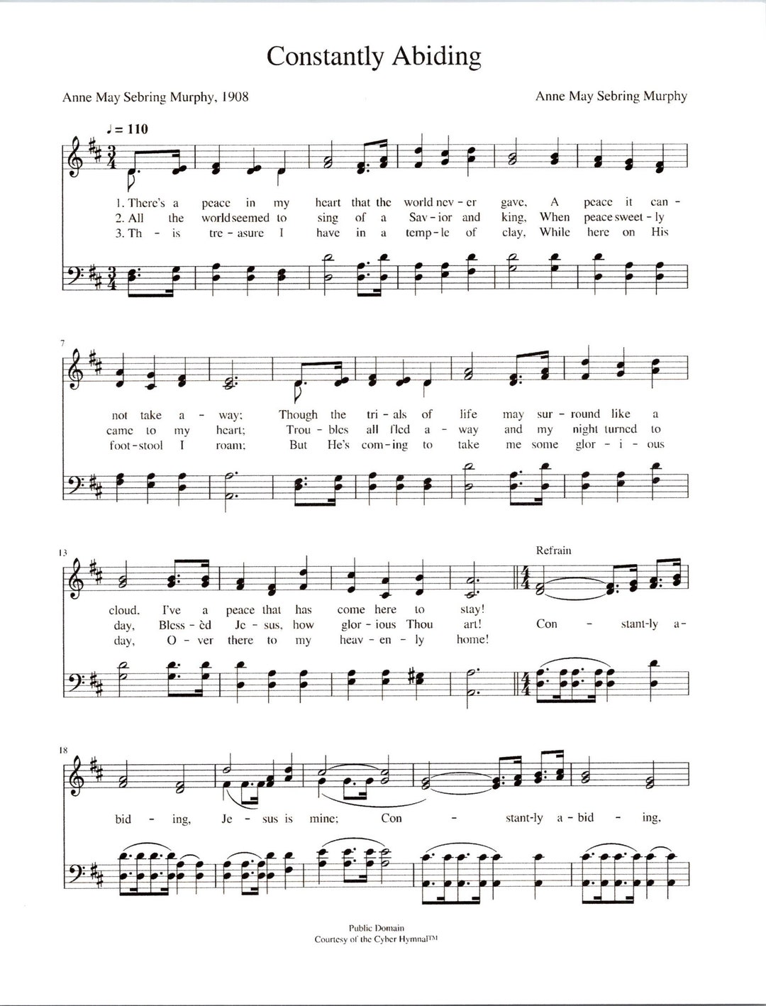 Constantly Abiding - Printable Hymn Tune for Piano/organ With Lyrics - Etsy