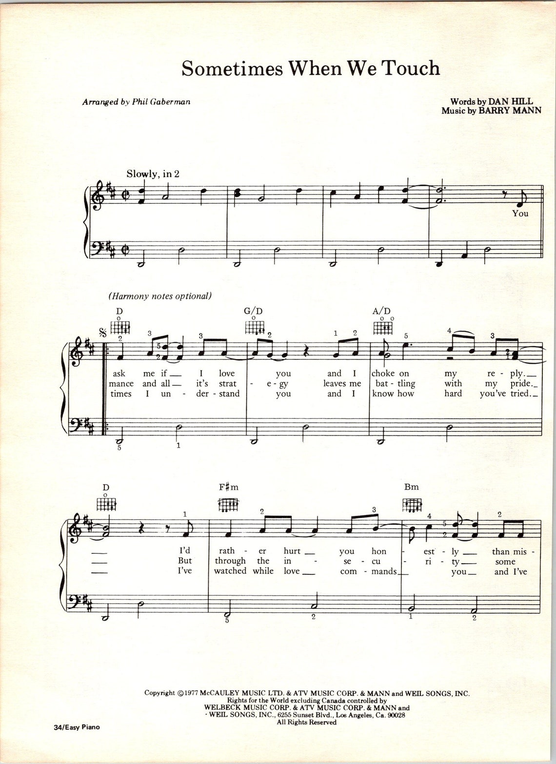 Sometimes When We Touch - Digital Sheet Music for Piano Lyrics Chords ...