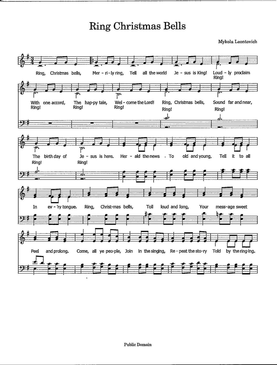 Ring Christmas Bells - Digital Printable Christmas SATB Hymn Tune - Key ...