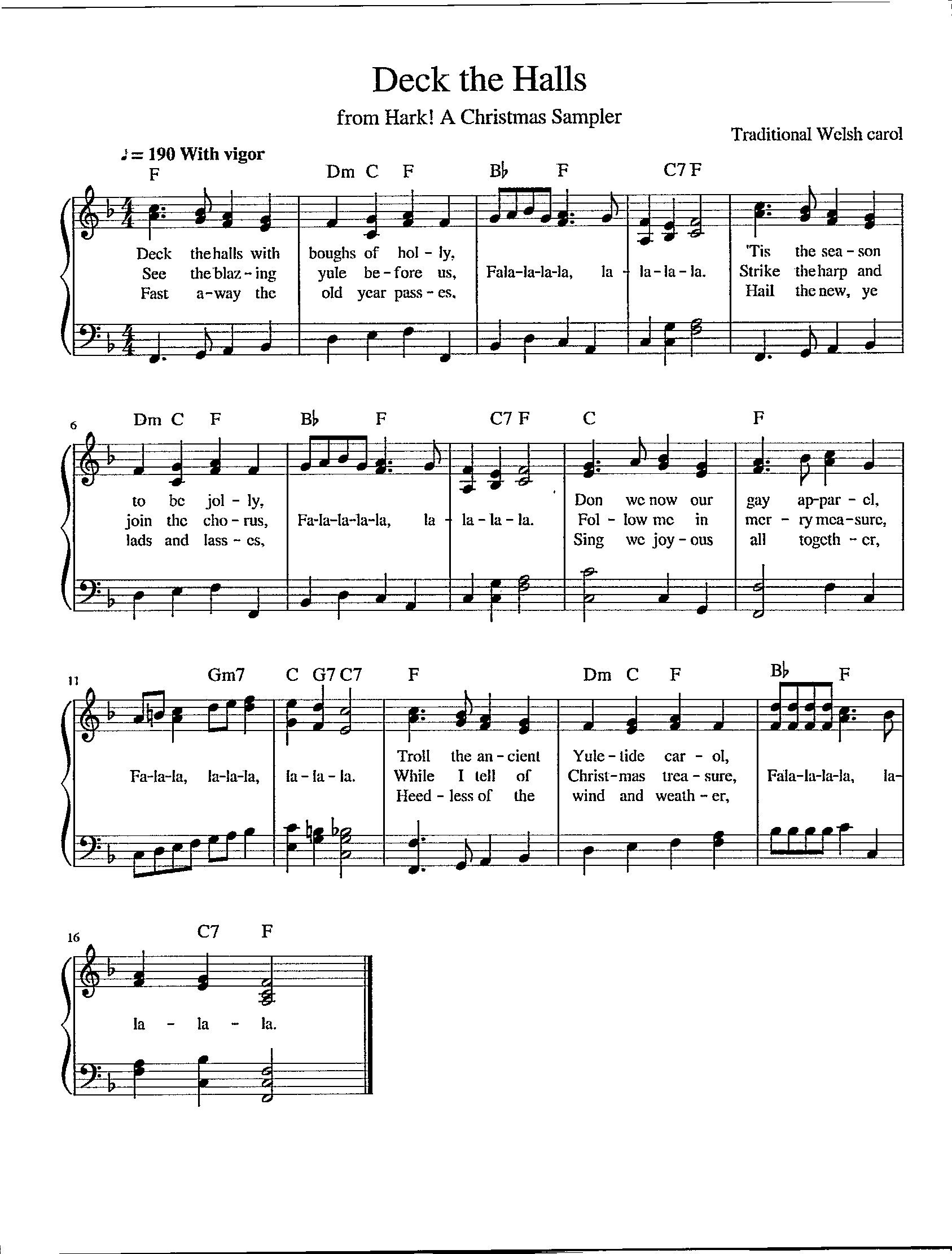 Deck the Halls - Digital Christmas Tune for Piano With Lyrics - Key of ...