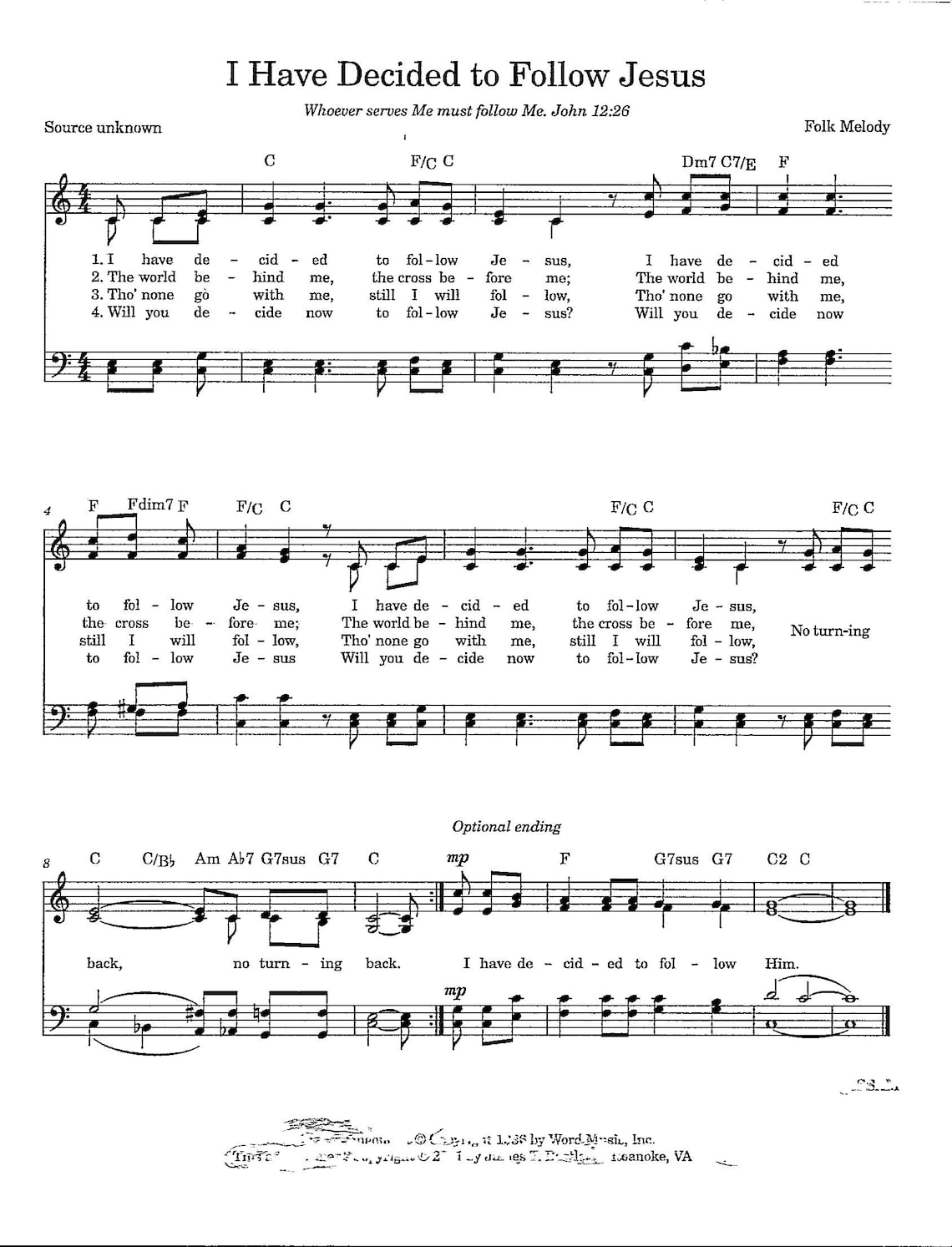 I Have Decided to Follow Jesus - Hymn Tune Digital Printable With ...
