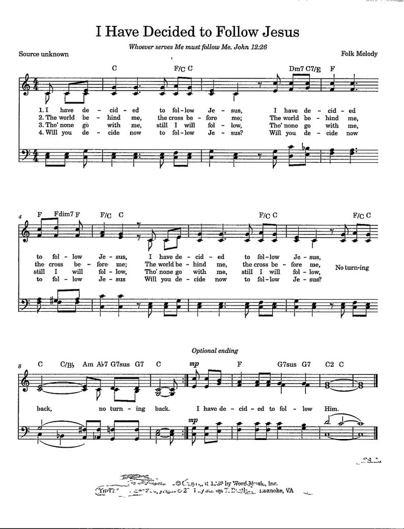 I Have Decided to Follow Jesus - Hymn Tune Digital Printable With ...