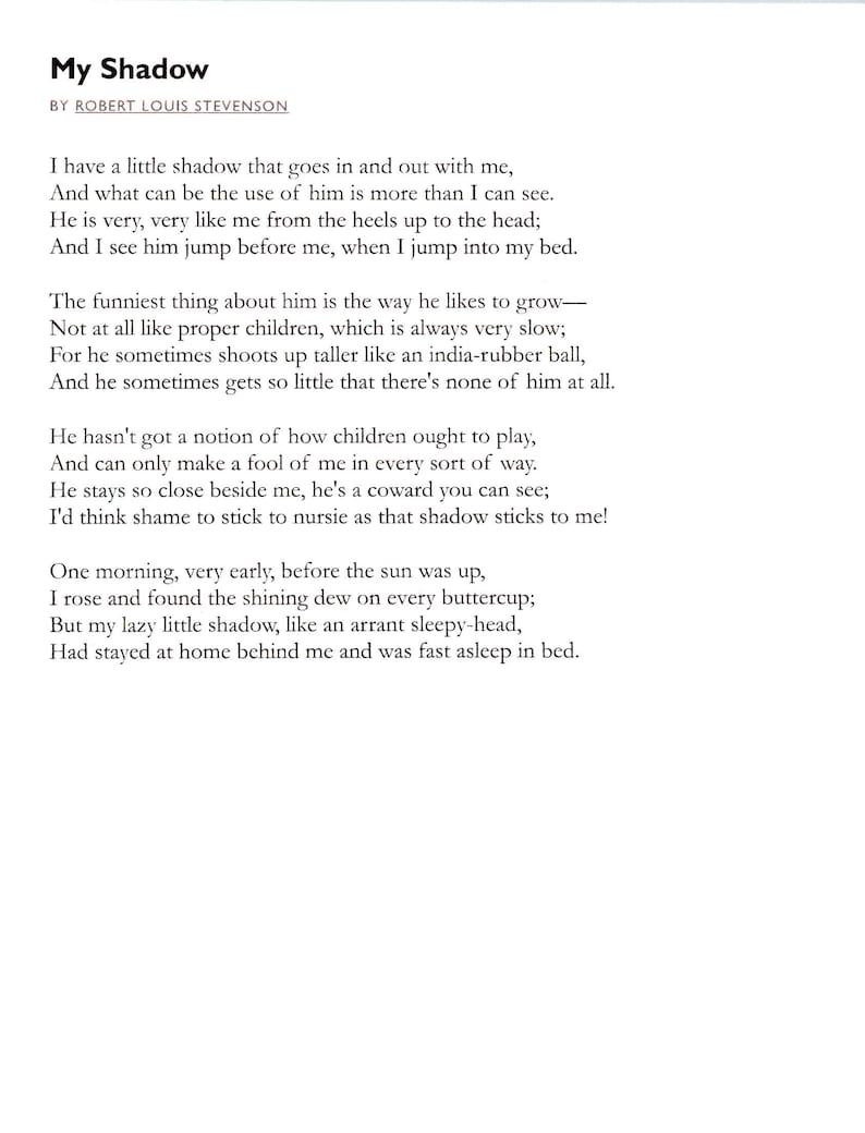 Poem - My Shadow by Robert Louis Stevenson - Digital Printable - Etsy