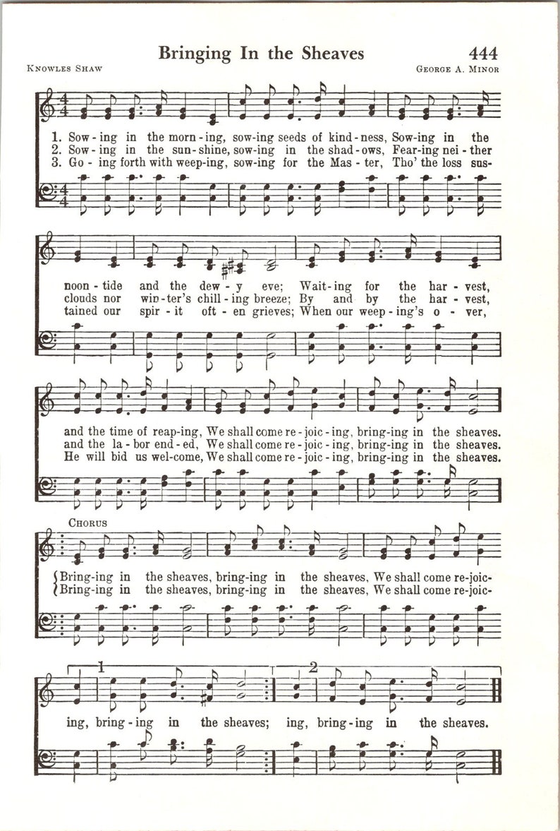 Bringing in the Sheaves - Digital Hymn Sheet Music - Key of C - Etsy