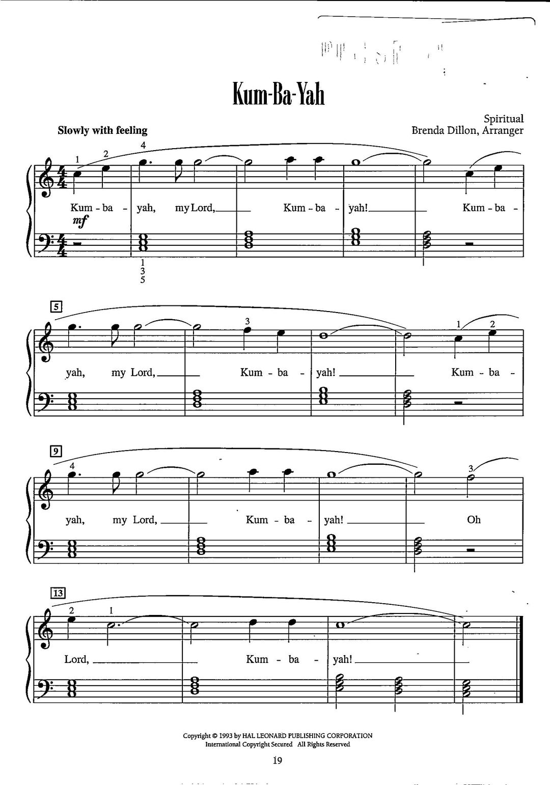 Kum Ba Yah Digital Piano Keyboard Sheet Music Beginner Level Key of C ...