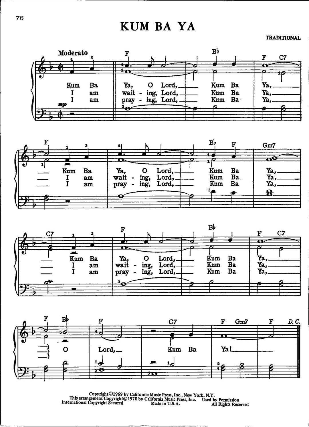 Kum Ba Ya - Digital Sheet Music for Piano Organ Guitar Voice Key of F ...