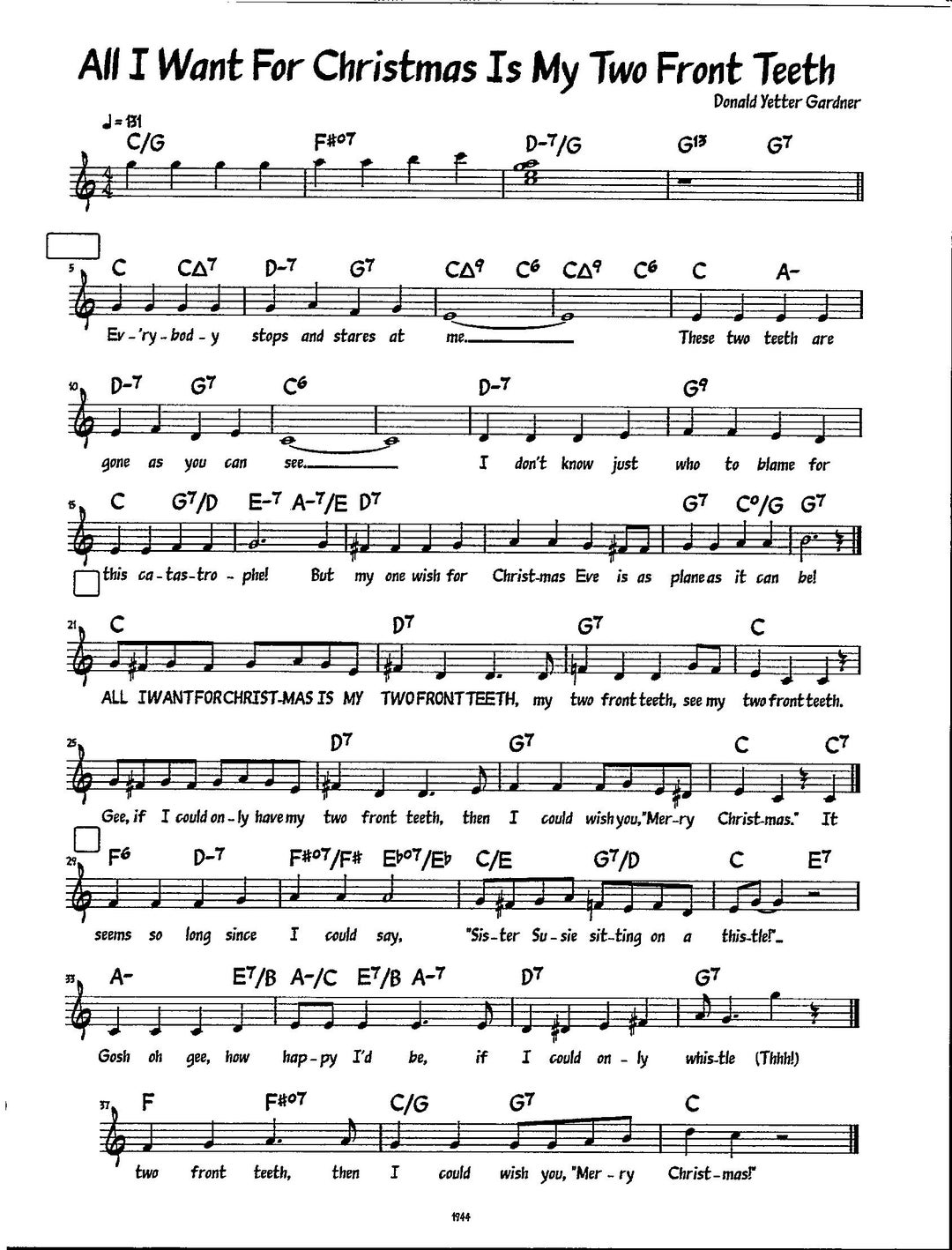 All I Want for Christmas is My Two Front Teeth - Digital Melody Chords ...