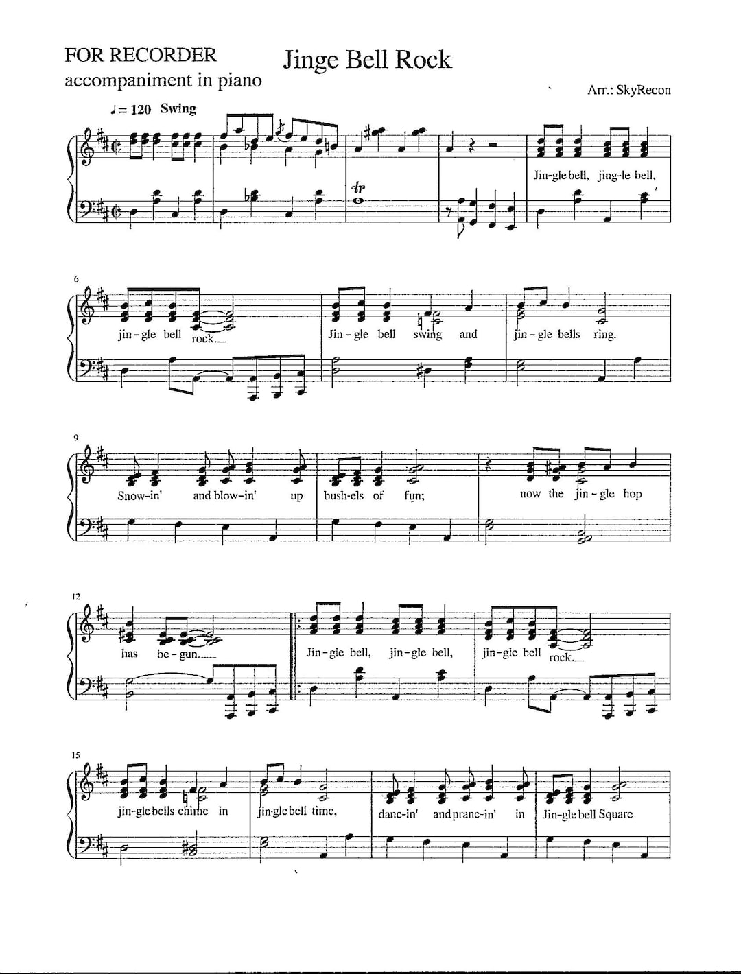 Jingle Bell Rock - Digital Piano Recorder Lyrics - Key of D - Etsy