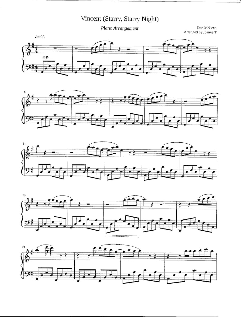 Vincent (starry, Starry Night) - Digital Download Piano Solo - Late ...