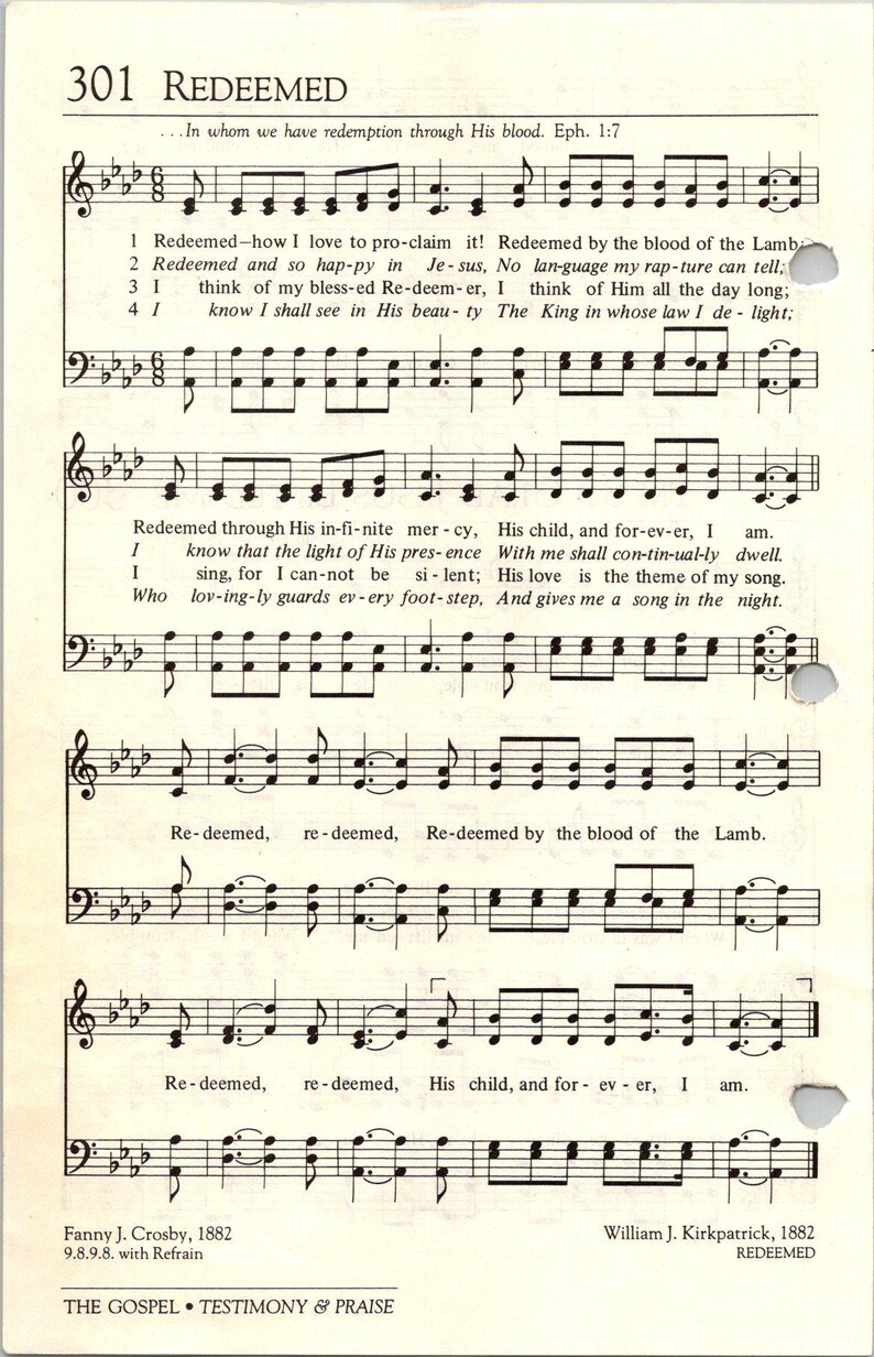 Sheet Music - Printable Hymn Tune REDEEMED - Fanny Crosby - Etsy