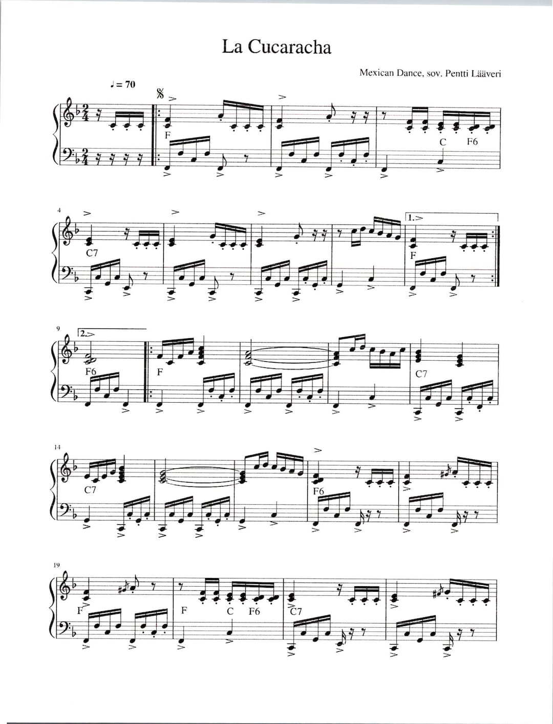 La Cucaracha - Digital Mexican Dance Piano Solo Sheet Music - Key of F ...