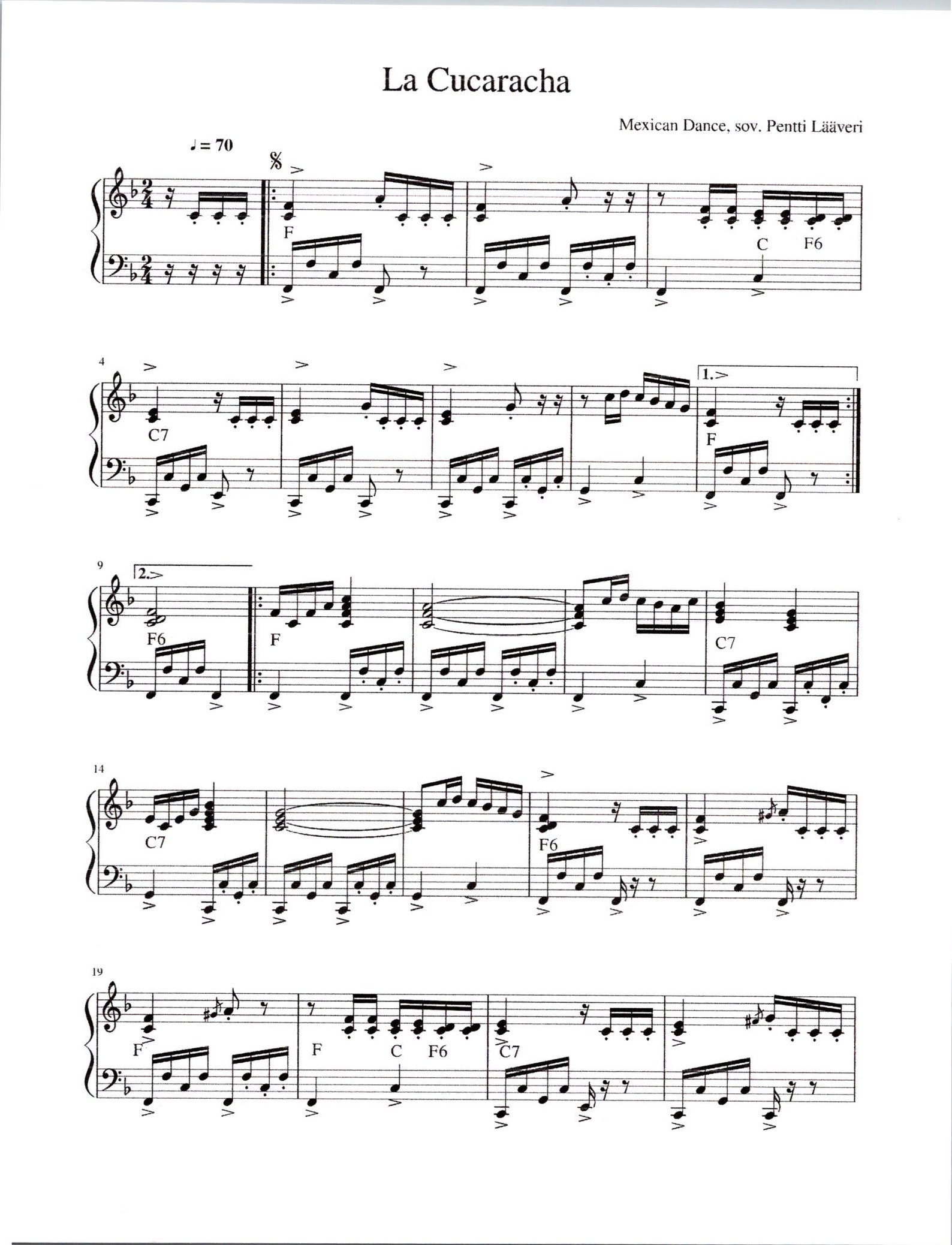 La Cucaracha - Digital Mexican Dance Piano Solo Sheet Music - Key of F ...