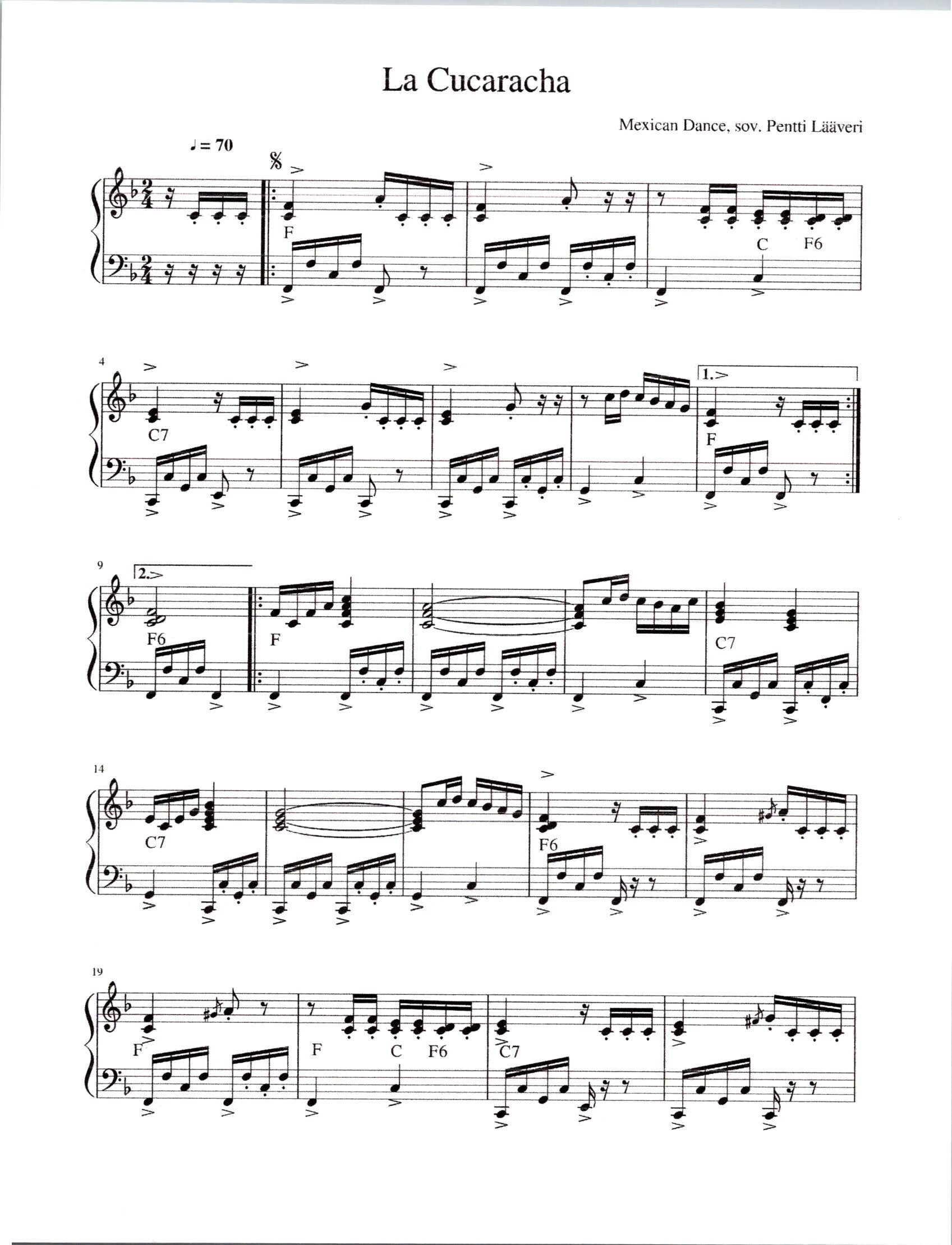 La Cucaracha - Digital Mexican Dance Piano Solo Sheet Music - Key of F ...