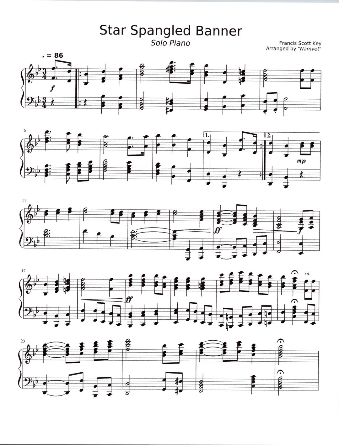 Star Spangled Banner Piano Solo - Digital Sheet Music - Key of B Flat ...