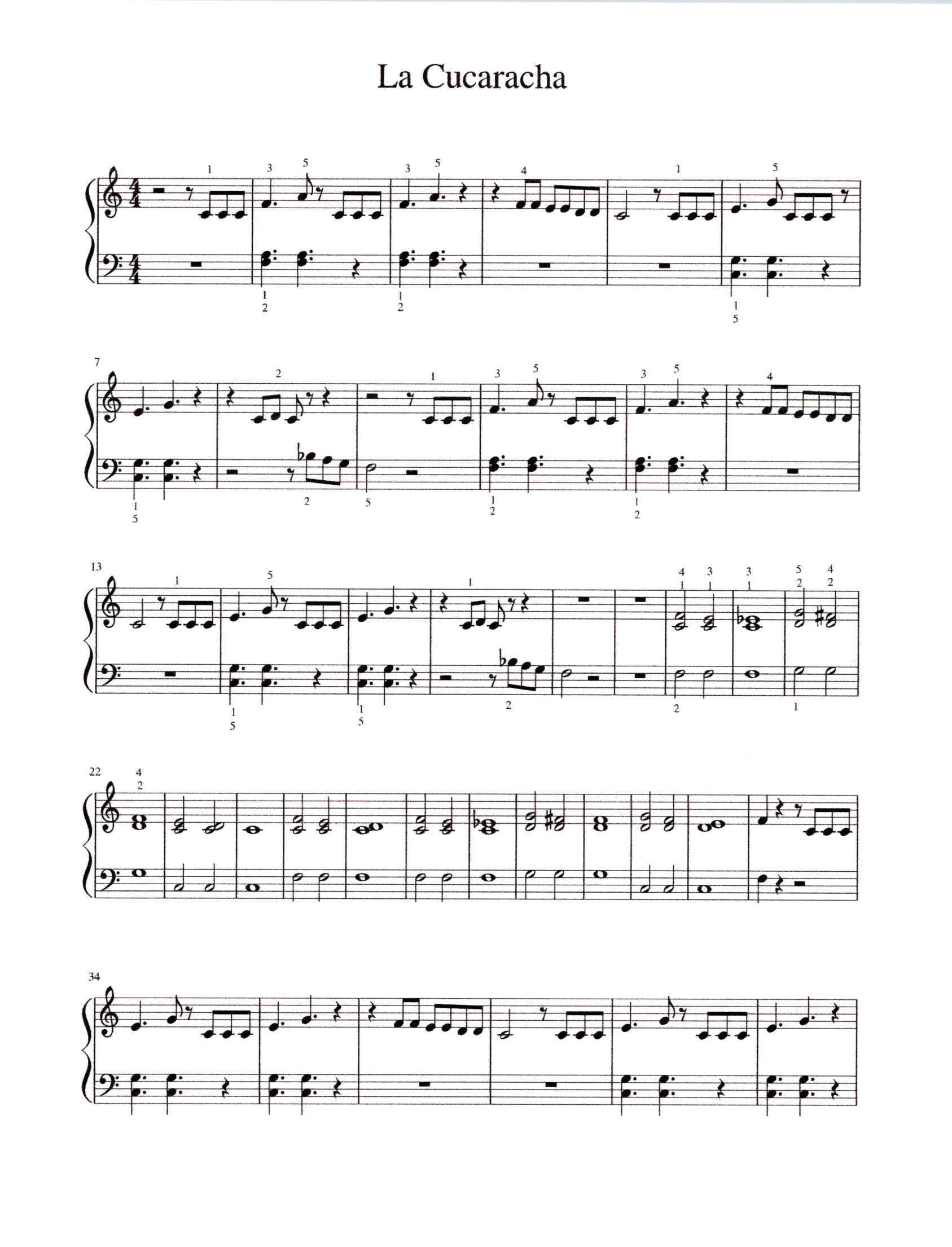 La Cucaracha Digital Piano Solo Early Intermediate Arrangement Key of C ...