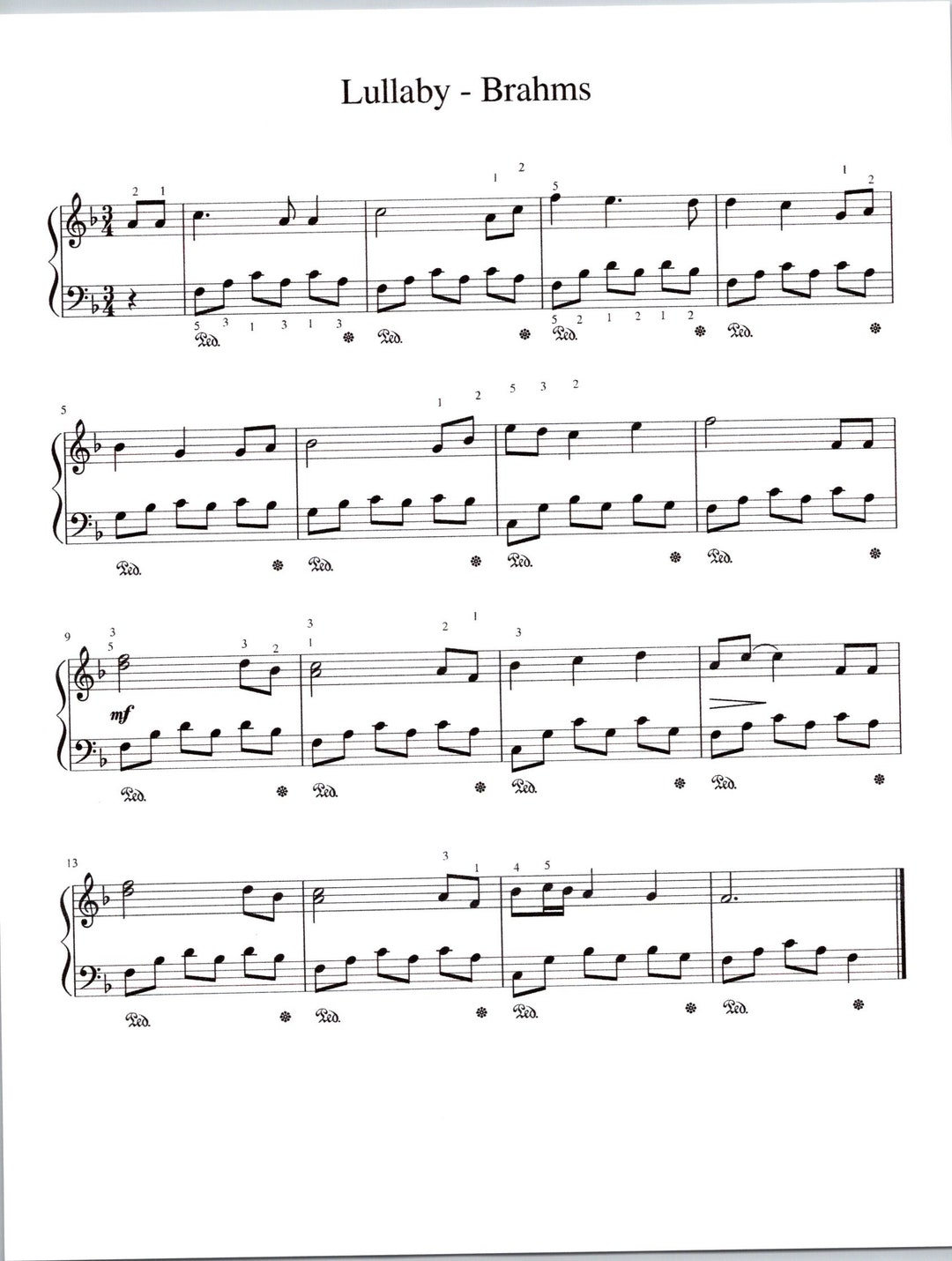 Lullaby by Brahms - Easy Digital Piano Solo Sheet Music - Key of F - Etsy