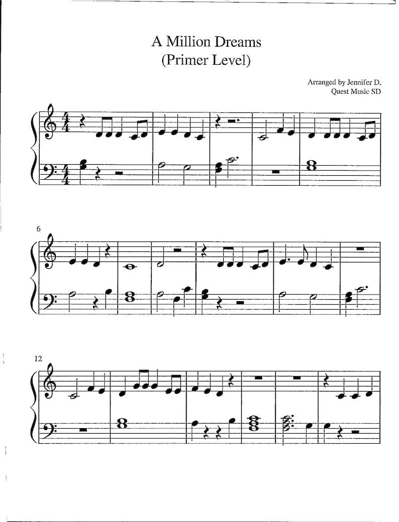 A Million Dreams - Digital Easy Primer Level Piano Solo - Key of C - Etsy